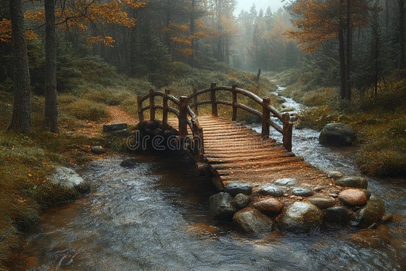 A Rustic Wooden Bridge Over a Forest Stream Stock Image - Image of ...