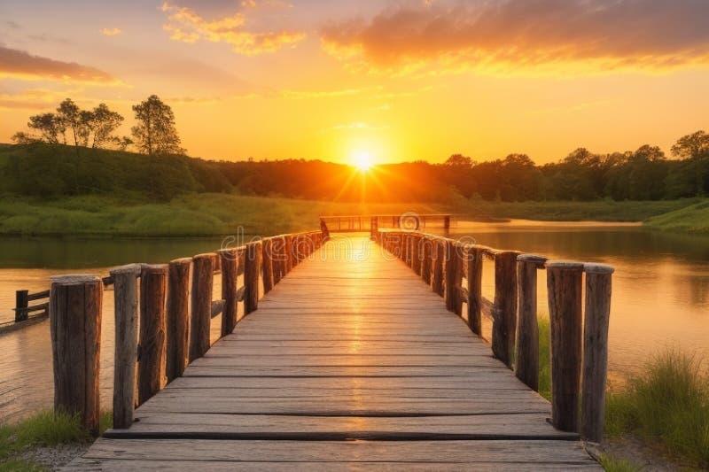 A Rustic Wooden Bridge Over a River with the Sun Setting in the ...