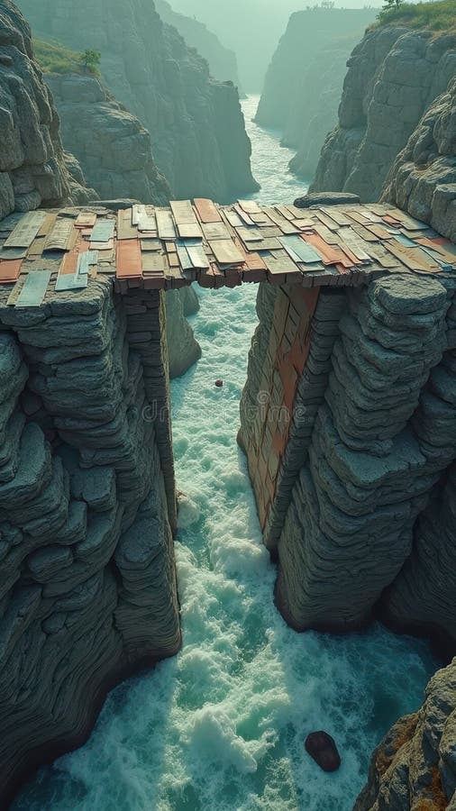 Rustic Wooden Bridge Over a Rushing River in a Rocky Canyon Setting ...