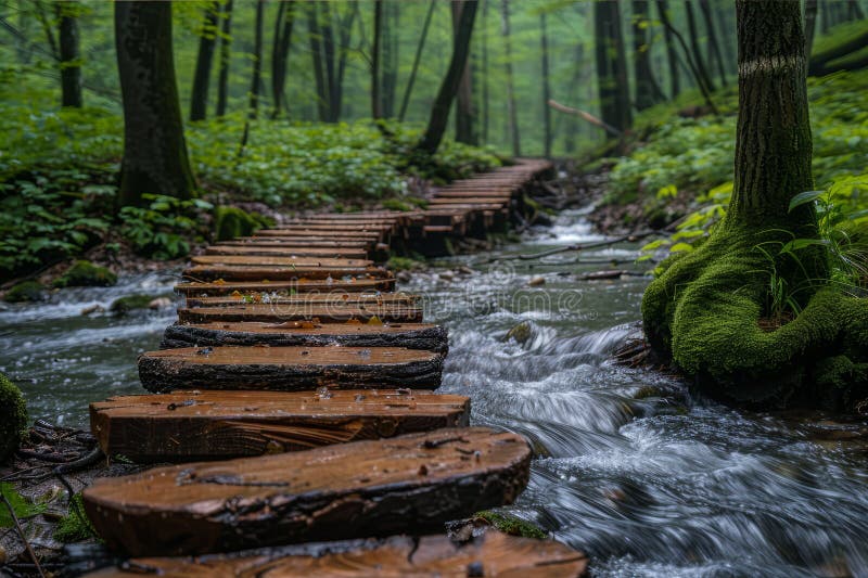 Rustic Wooden Bridge Over a Serene Forest Stream on a Lush Woodland ...