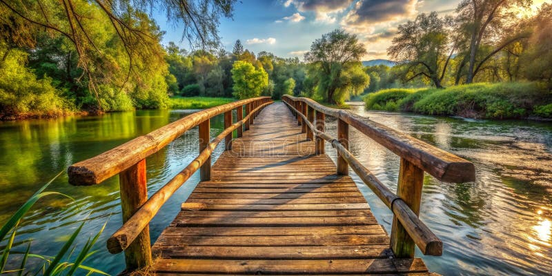 A Rustic Wooden Bridge Over a Tranquil River AI-Created Content Stock ...