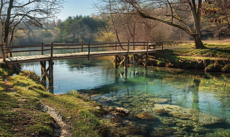 A Rustic Wooden Bridge Spanning Over a Crystal-clear Spring River Stock ...