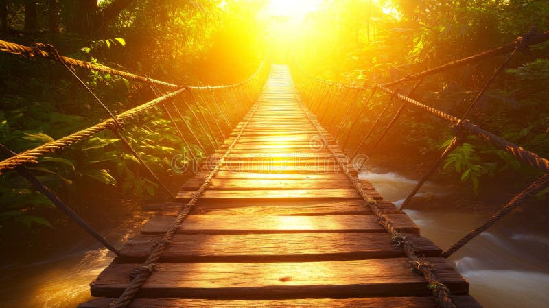 A Rustic Wooden Bridge Suspended Over a River Surrounded by Lush ...