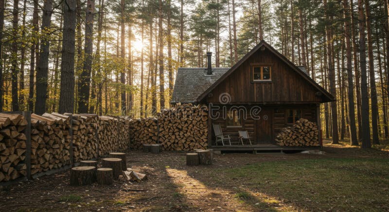 Rustic Wooden Cabin in Autumn Forest with Firewood Stock Photo - Image ...