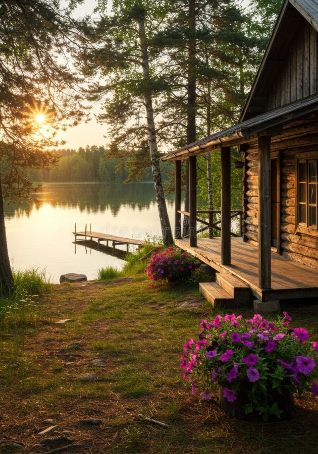Rustic Wooden Cabin by Calm Lake at Sunset Stock Illustration ...