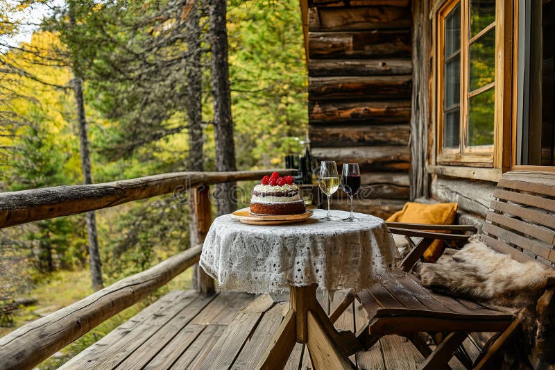 A Rustic Wooden Cabin Deck with a Small Table Holding a Cake and Two ...