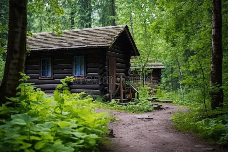 Rustic Wooden Cabin Exterior in a Forest Stock Image - Image of ...