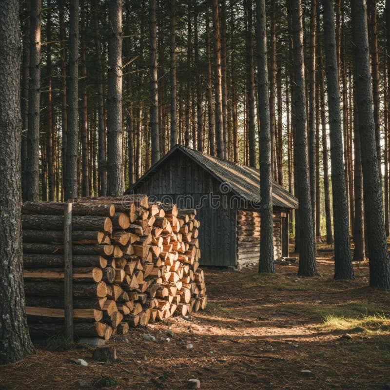 Rustic Wooden Cabin and Firewood Stack in a Sunlit Forest Stock Image ...