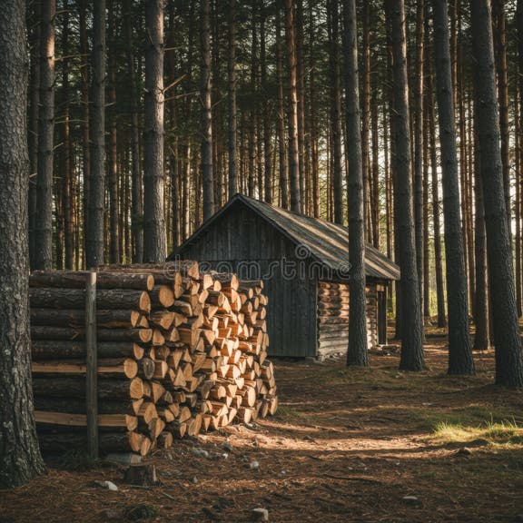 Rustic Wooden Cabin and Firewood Stack in a Sunlit Forest Stock Image ...
