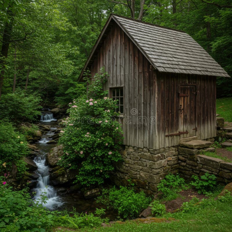 Rustic Wooden Cabin by a Flowing Stream in a Lush Green Forest Stock ...