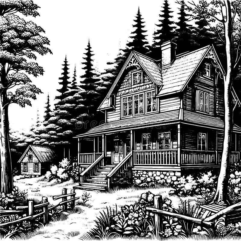 Rustic Wooden Cabin in Forest with Mountains in the Background. Raster ...