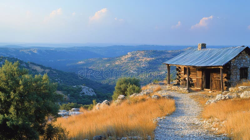 Rustic Wooden Cabin on Hilltop Overlooking Vast Mountain Range at ...