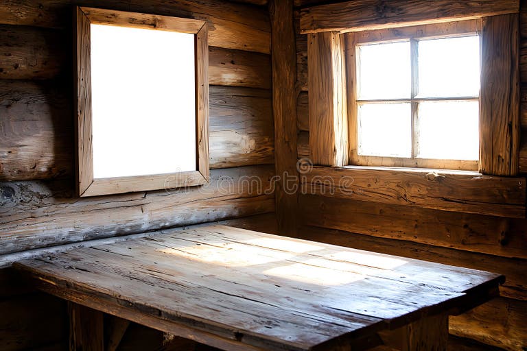 Rustic Wooden Cabin Interior with Blank Frame and Table a Sunlit Scene Perfect for Design ...