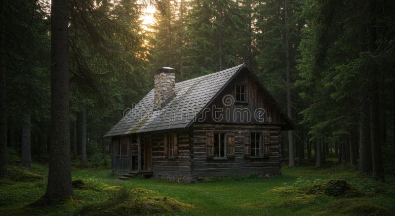 Rustic Wooden Cabin in a Lush Green Forest Stock Image - Image of ...