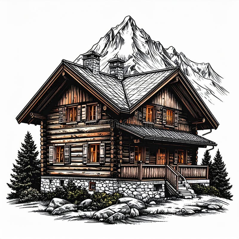 Rustic Wooden Cabin Mountain Landscape Drawing Stock Illustration ...