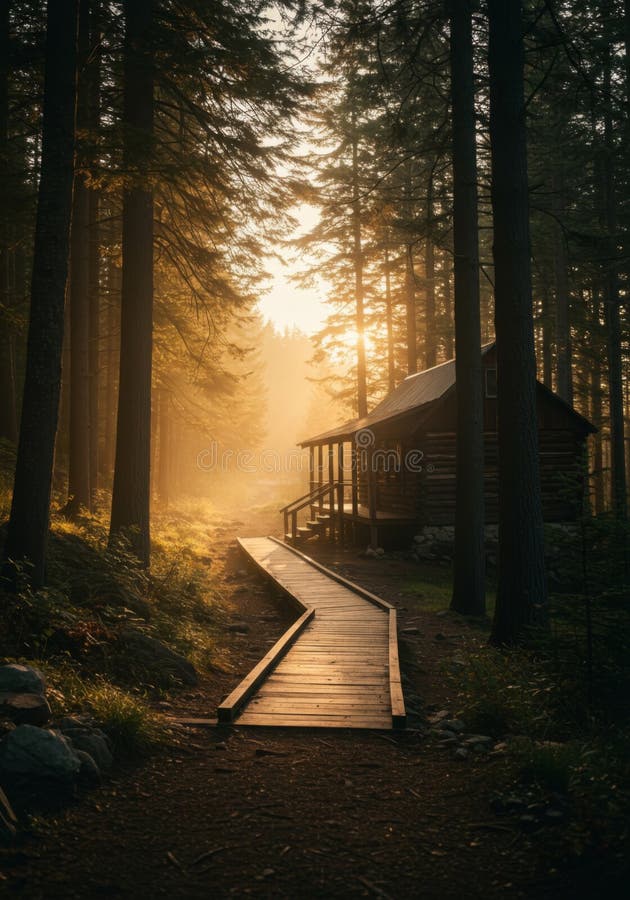 Rustic Wooden Cabin Path in Misty Forest at Sunrise Stock Image - Image ...