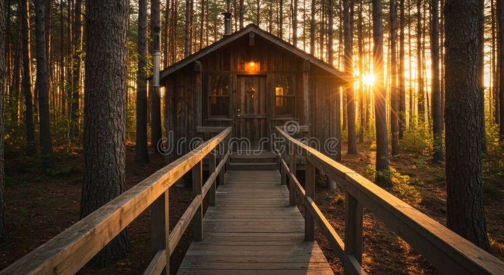 Rustic Wooden Cabin Path at Sunset in a Forest Stock Illustration ...