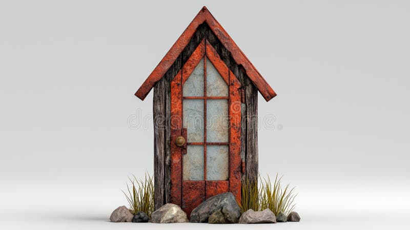 Rustic Wooden Cabin with Red Door and Grass Isolated on White ...