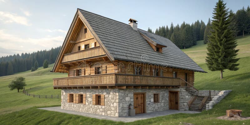 Rustic Wooden Cabin in a Scenic Hillside Surrounded by Lush Greenery ...