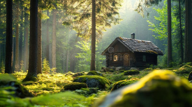 Rustic Wooden Cabin in Sunlit Forest with Mossy Stones and Tall Pine ...