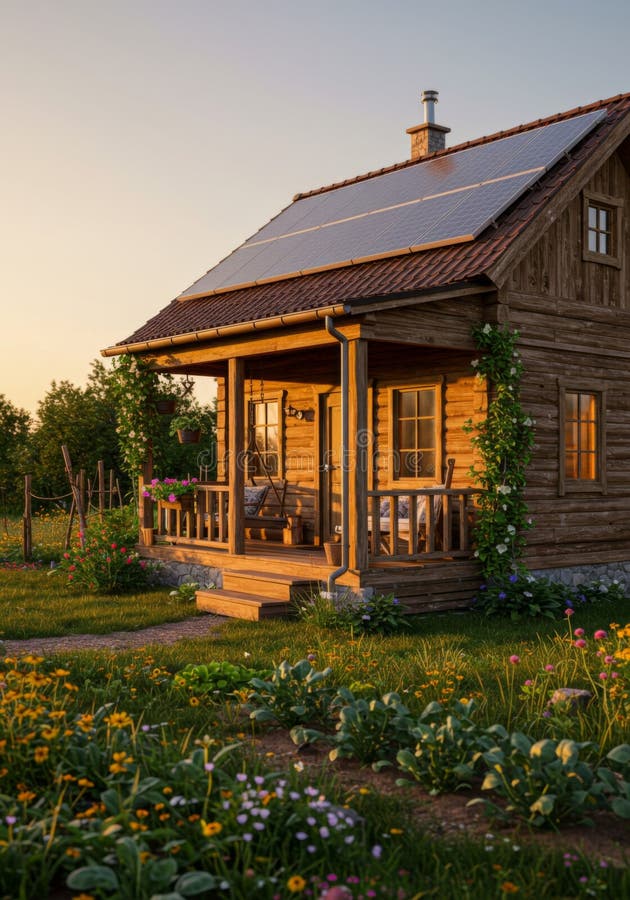 Rustic Wooden Cabin at Sunset with Flower Garden Stock Illustration ...