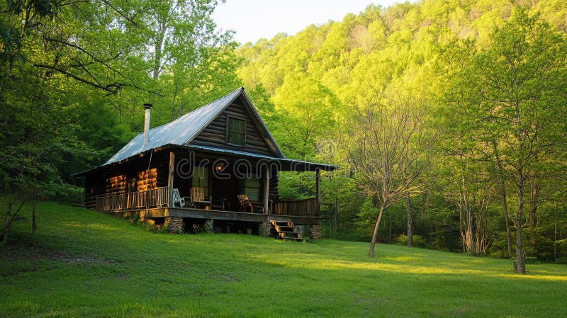 A Rustic Wooden Cabin Surrounded by a Green Forest in the Spring Pic ...