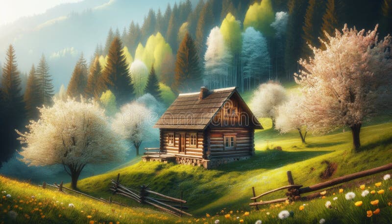 Rustic Wooden Cabin in a Vibrant Spring Meadow, AI-generated. Stock ...