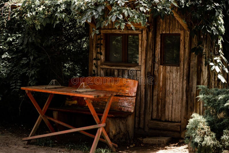 Rustic Wooden Cabin with a Vintage Table and Bench Surrounded by Lush ...