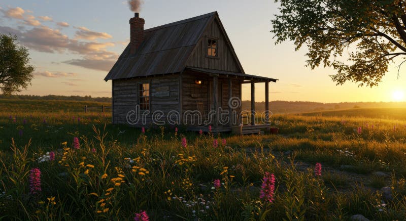 Rustic Wooden Cabin in a Wildflower Field at Sunset Stock Illustration ...