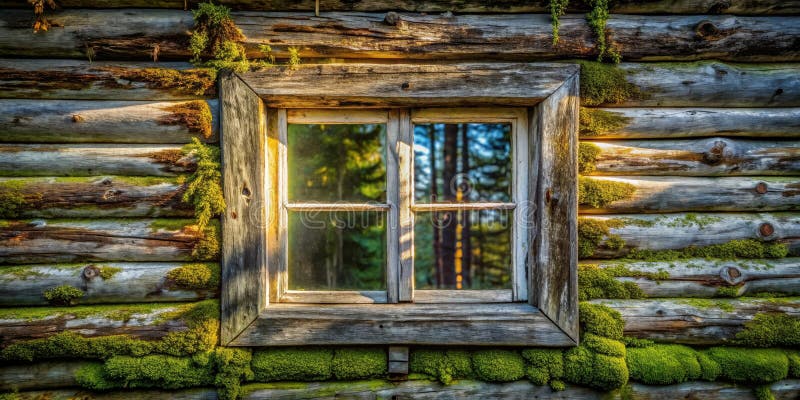 Rustic Wooden Cabin Window with Mossy Log Walls and Sunlight Reflection ...