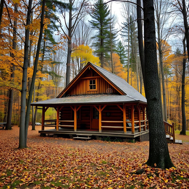 A Rustic Wooden Cabin in the Woods Surrounded by Trees in the Autumn ...