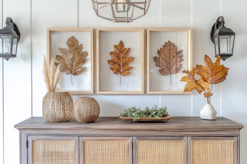 Rustic Wooden Cabinet with Fall Decor and Dried Leaves Stock ...