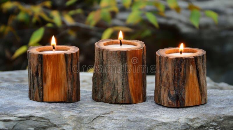 Rustic Wooden Candles Set on Stone Surface Stock Illustration ...