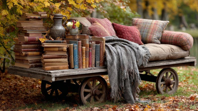 Rustic Wooden Cart with Stack of Antique Books and Cozy Pillows in ...