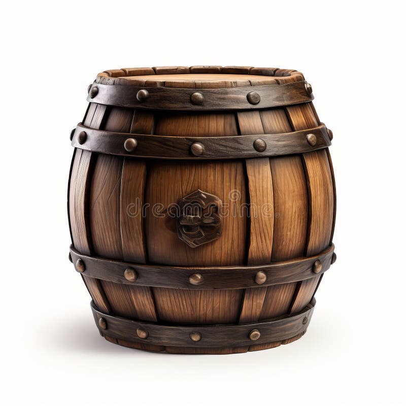 Rustic Wooden Cask with Carved Emblem on White Background Stock ...