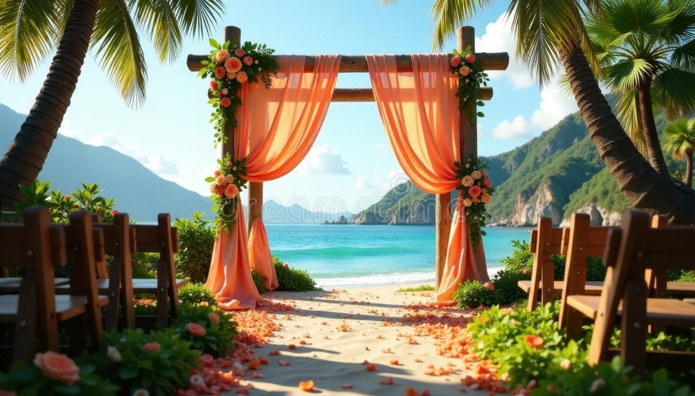 Rustic Wooden Ceremony Structure, Draped Fabric , Linen, Beige Stock ...