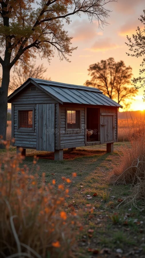 Rustic Wooden Chicken Coop at Sunset in Autumn Countryside Setting ...