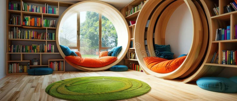 Rustic Wooden Circular Bookshelves with Plush Cushions Create a Serene ...