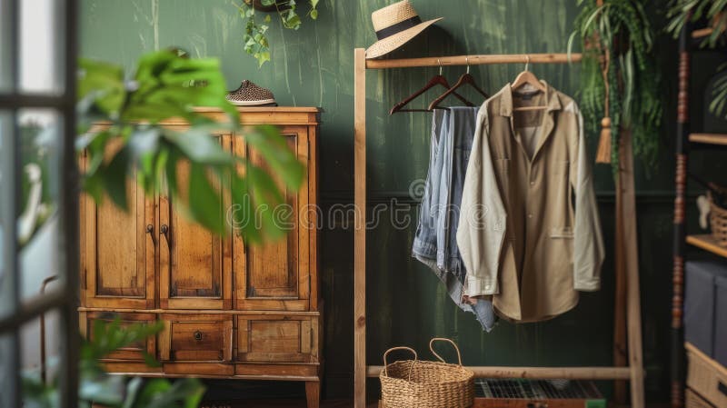 Rustic Wooden Clothes Hanger in Cozy Entryway Stock Illustration ... Rustic Wooden Clothes Hanger in Cozy Entryway Stock Illustration ...