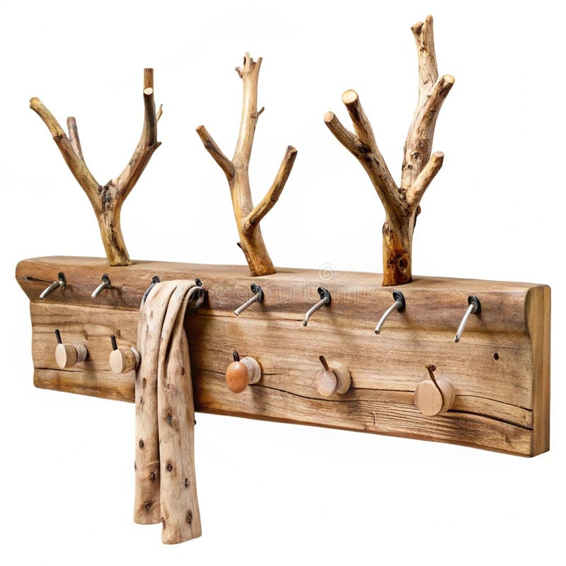 Rustic Wooden Coat Rack with Real Tree Branch Hooks Stock Illustration ...