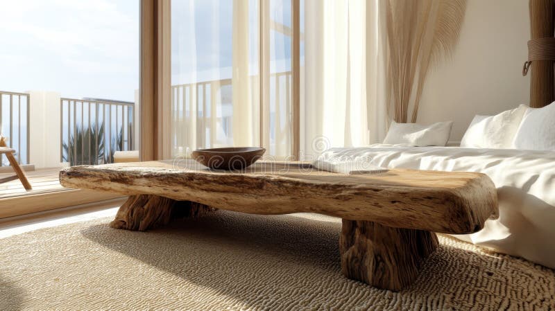 Rustic Wooden Coffee Table in a Bright, Minimalist Bedroom with Natural Decor and Large Windows ...