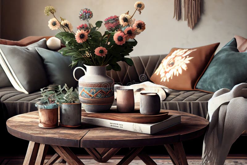 Rustic Wooden Coffee Table with Scandi and Boho Decor Stock ...