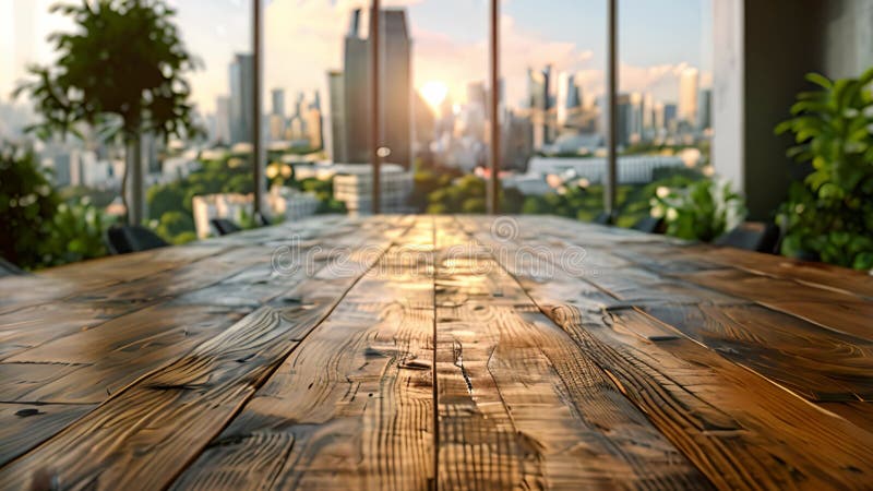 Rustic Wooden Conference Table in Modern Office with City Skyline at ...