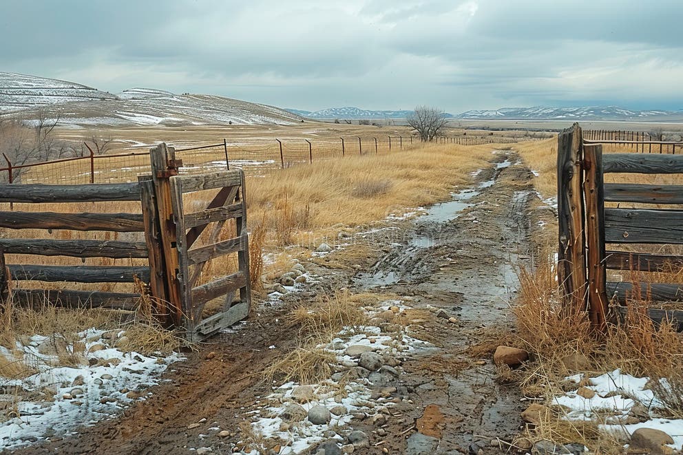 Rustic Wooden Corrals with Muddy Pathway Leading into Distant Fields on ...