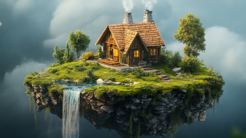 Rustic Wooden Cottage on a Floating Island Stock Illustration ...
