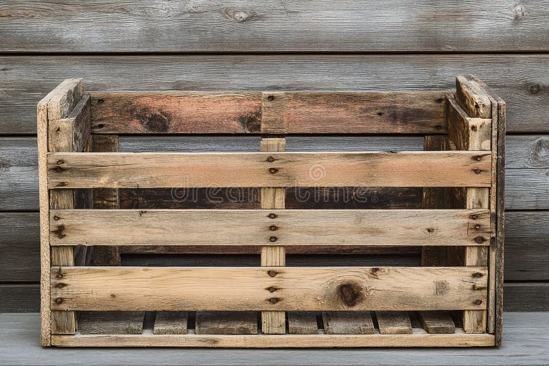 Rustic Wooden Crate Empty Rectangular Box Against Weathered Wood Wall ...
