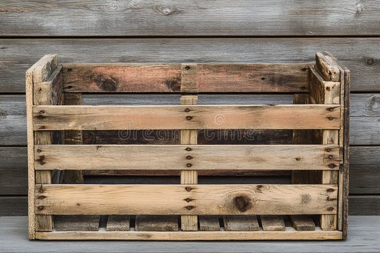 Rustic Wooden Crate Empty Rectangular Box Against Weathered Wood Wall ...