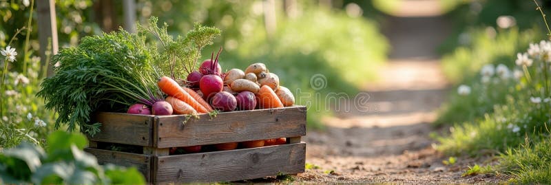 Rustic Wooden Crate Filled with Fresh Vegetables on Sunlit Garden Path ...