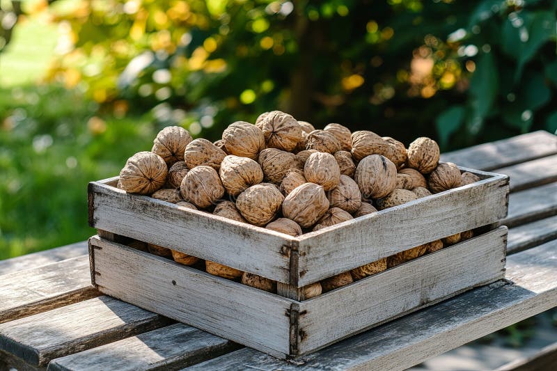 A Rustic Wooden Crate Filled with Various Nuts Styled on a Light Stock ...
