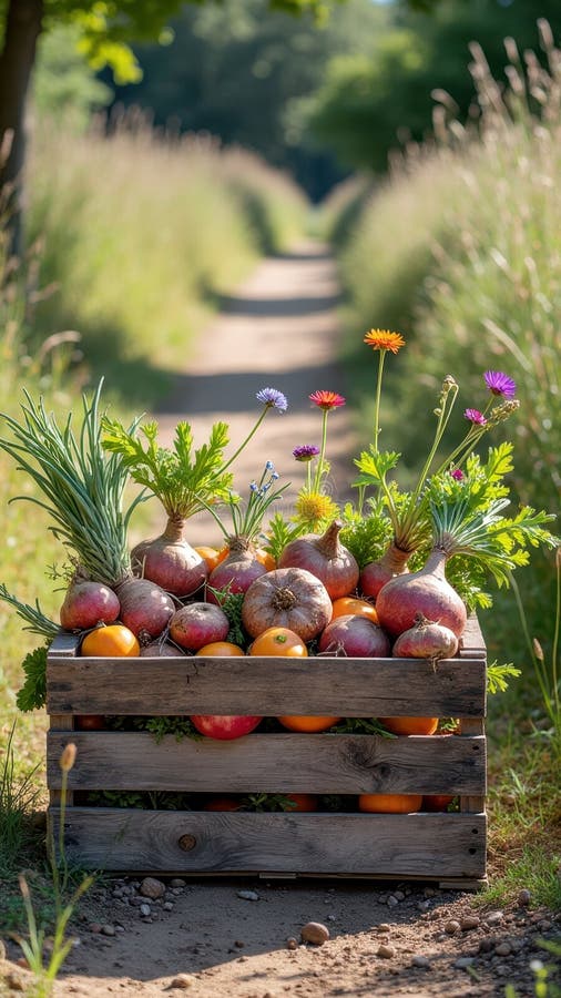 Rustic Wooden Crate of Fresh Vegetables and Flowers on Countryside Path ...